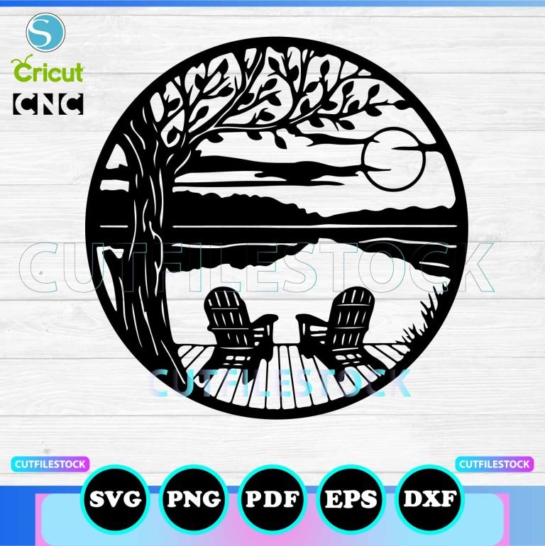 Tree With Chairs Dock On Lake Scene Sunset Svg Dxf Png Eps, Cricut